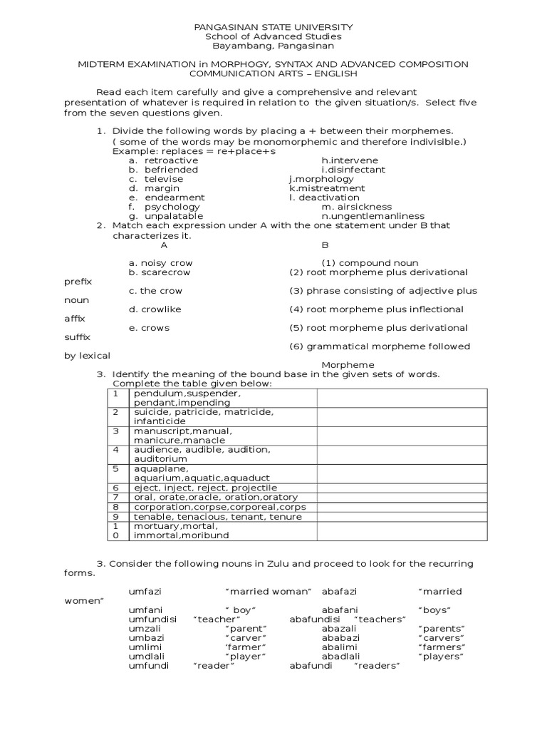 Morphology Midterm Exam Guide | PDF | Language Arts & Discipline ...