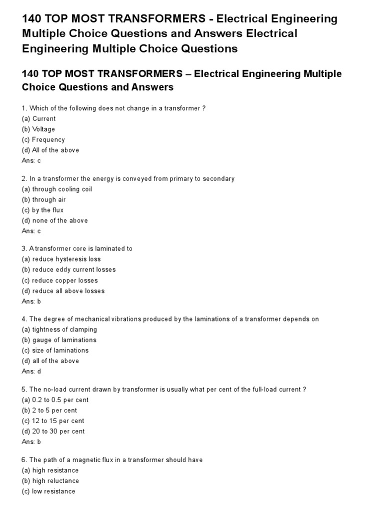 Electrical Engineering MCQ | PDF | Transformer | Inductor
