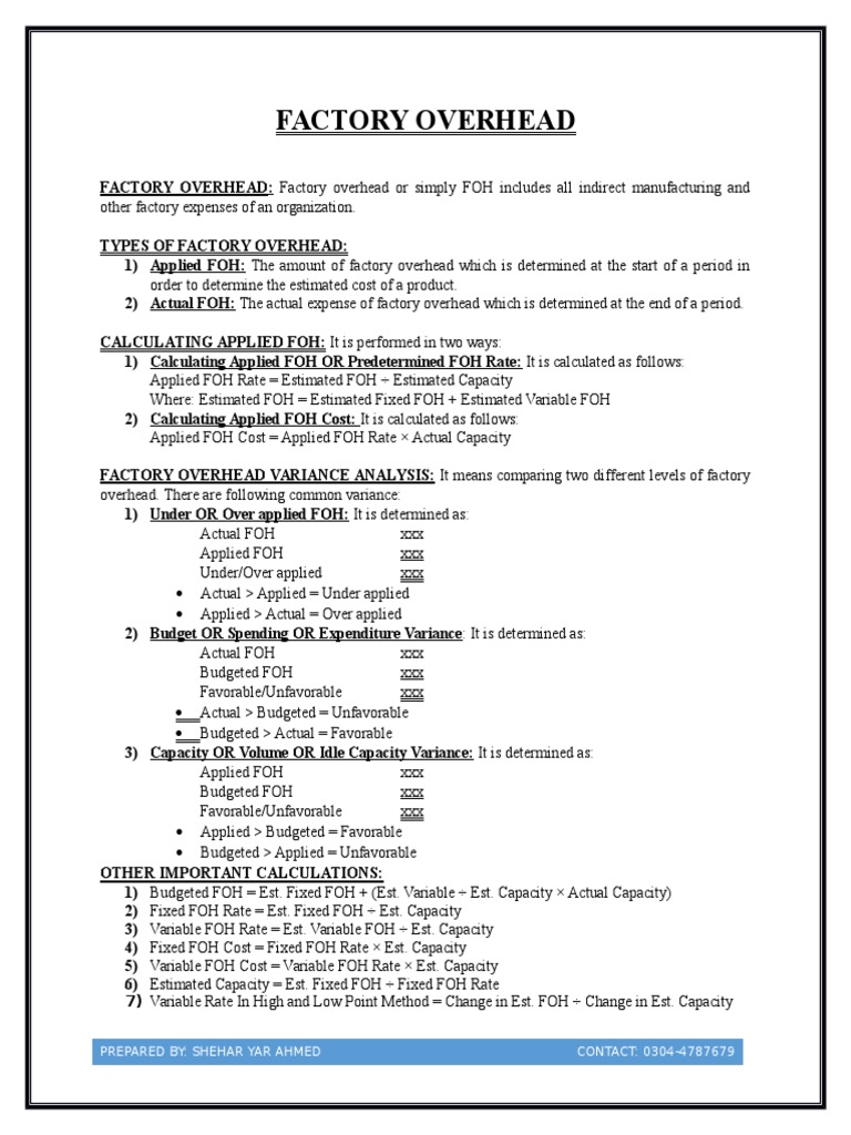 Factory Overhead: Prepared By: Shehar Yar Ahmed CONTACT: 0304-4787679 | PDF