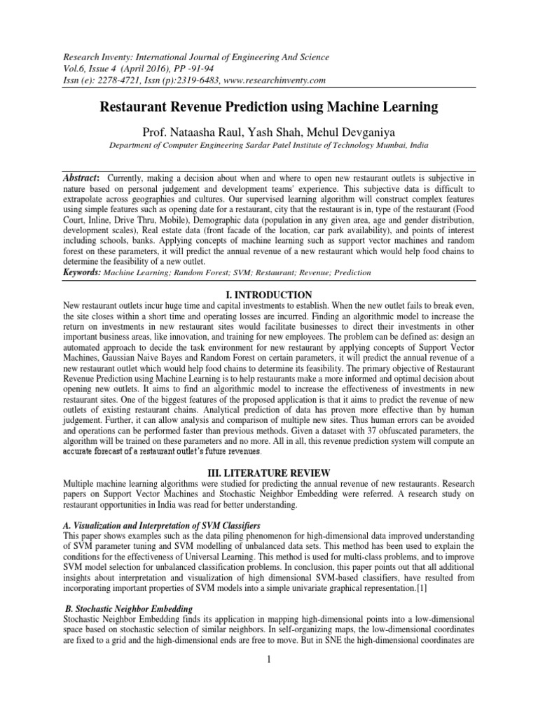 Restaurant Revenue Prediction Using Machine Learning Pdf Support Vector Machine Machine