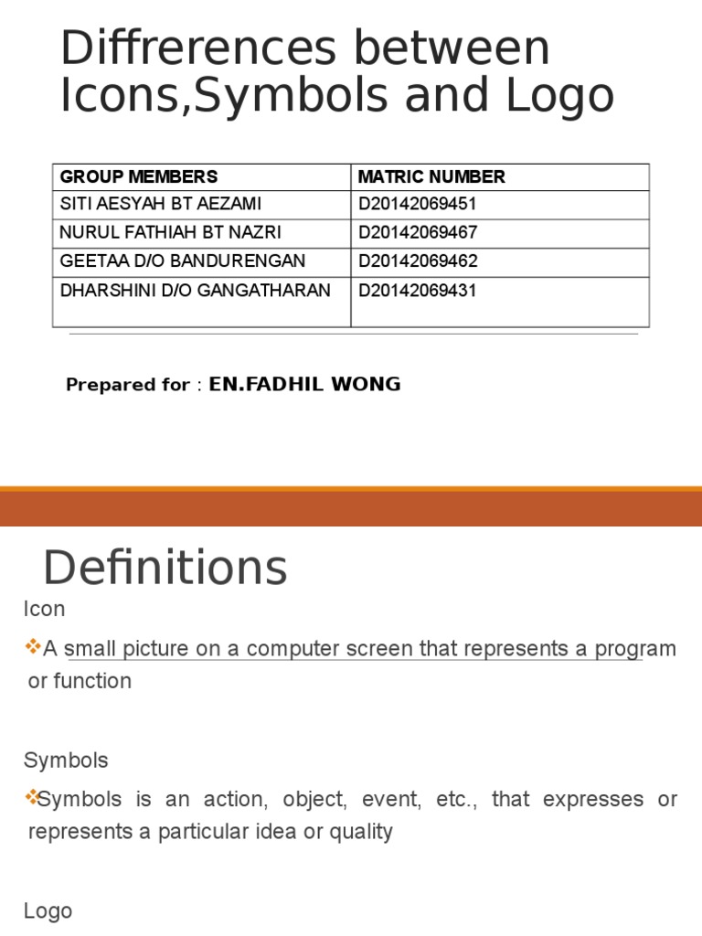 Diffrerences Between Icons, Symbols and Logo: Group Members Matric ...
