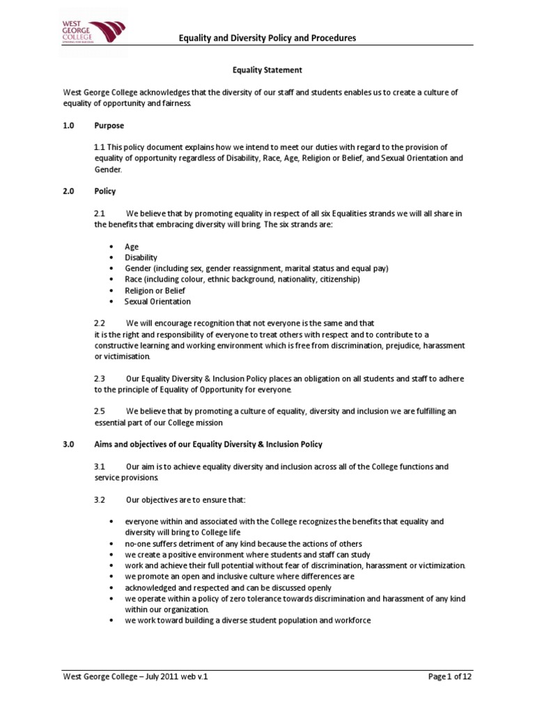 Equality and Diversity Policy Overview | PDF | Equal Opportunity ...