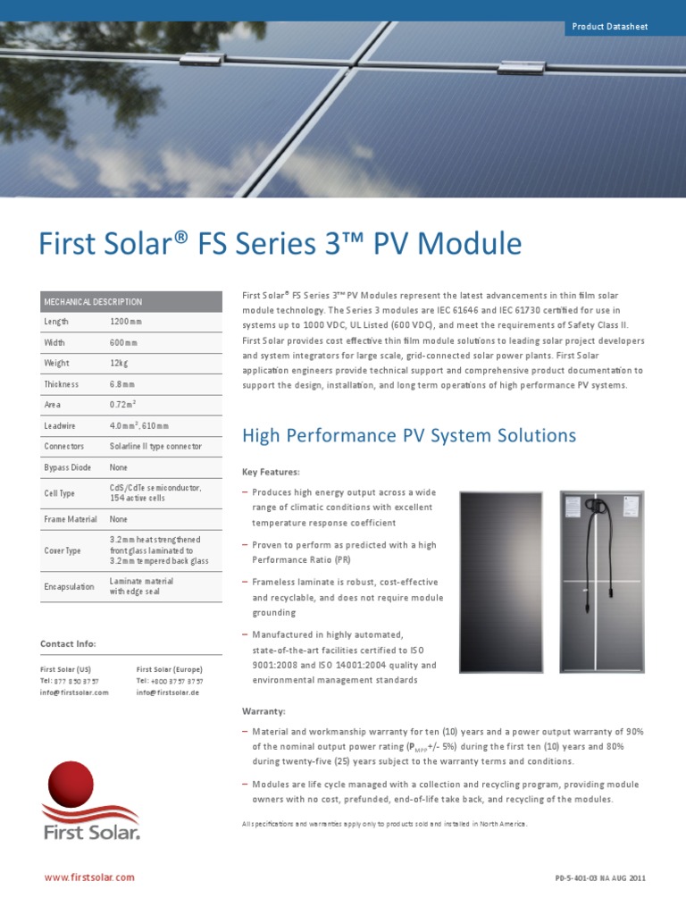 Solar® FS Series 3™ PV Module | PDF | Photovoltaics | Solar Panel