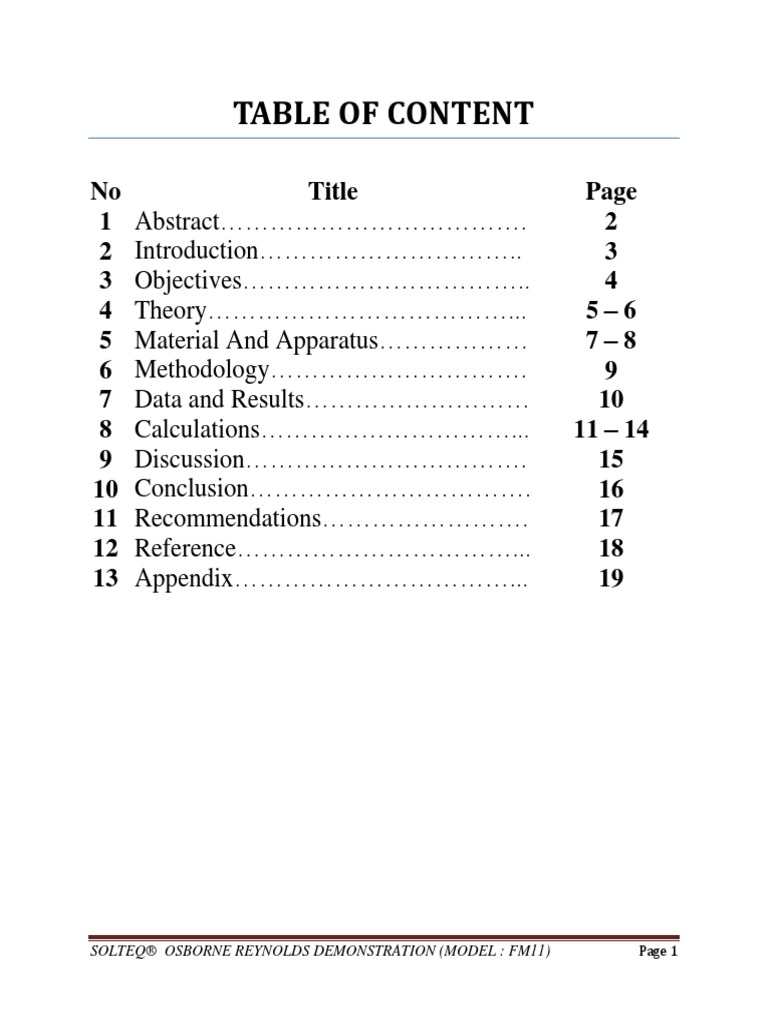 Table of Content: Solteq® Osborne Reynolds Demonstration (Model: Fm11) | PDF