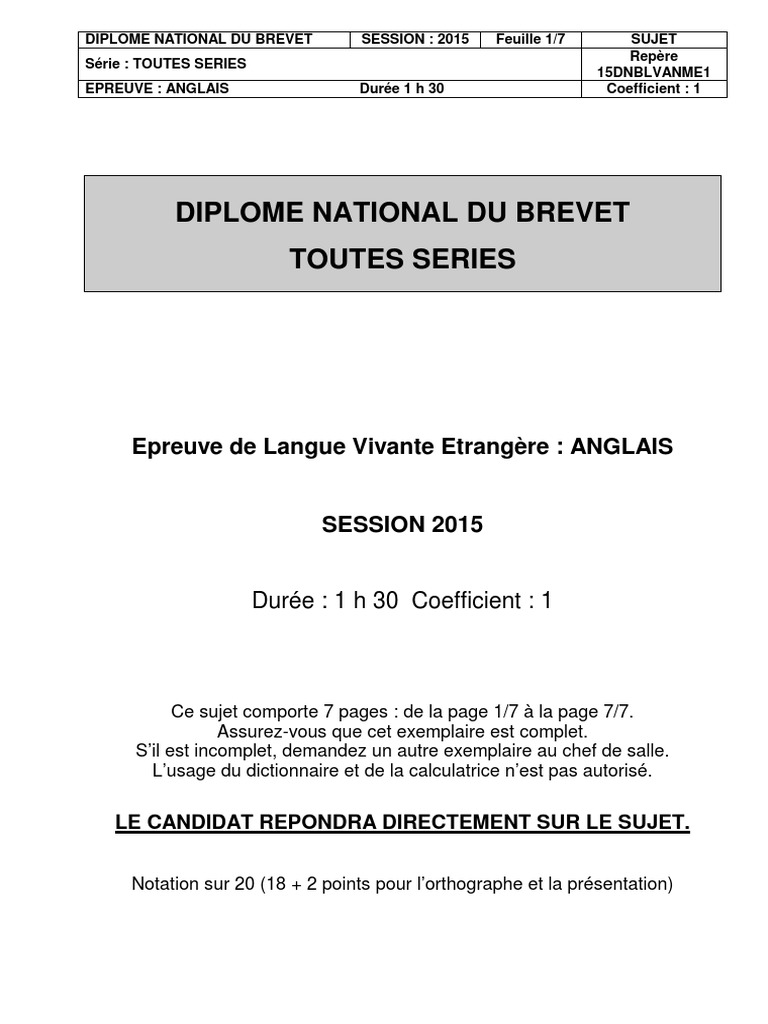Diplome National Du Brevet Toutes Series: Epreuve de Langue Vivante ...