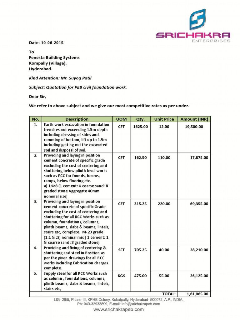 Competitive Quotation for Precast Concrete Foundation Work Including Excavation, Concrete ...