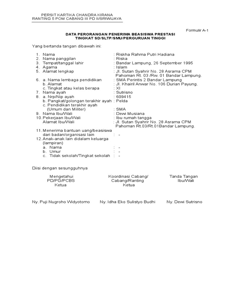 Data Beasiswa Prestasi Persit Kartika | PDF | Olahraga & Rekreasi