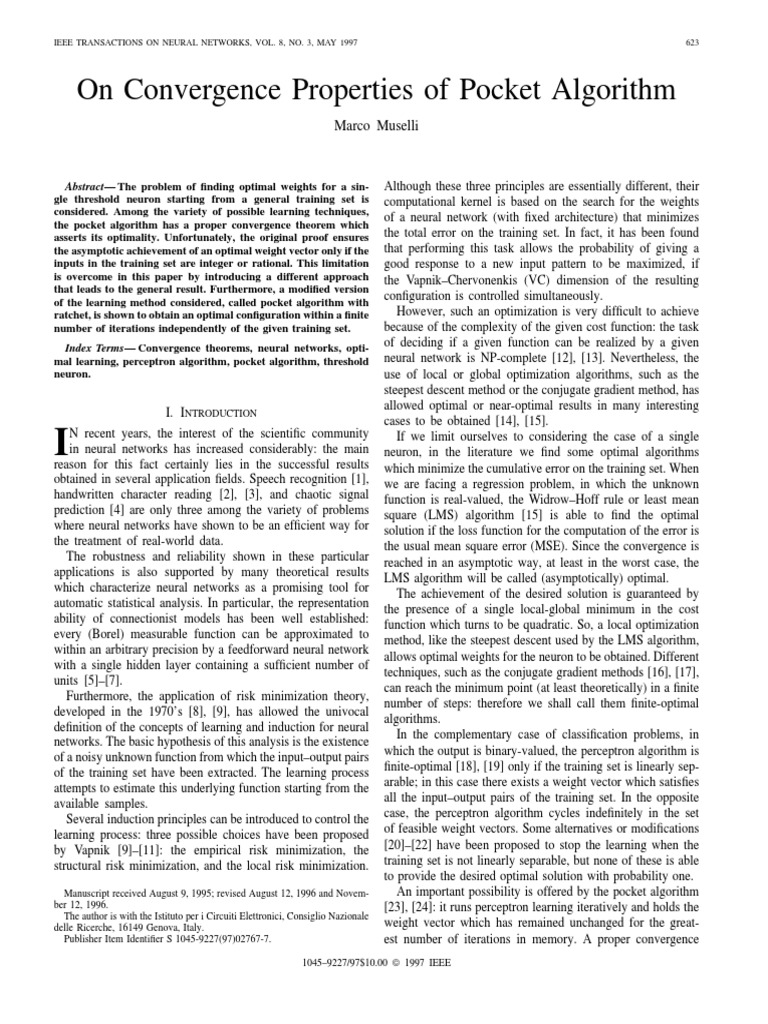 On Convergence Properties of Pocket Algorithm: Marco Muselli | PDF | Artificial Neural Network ...