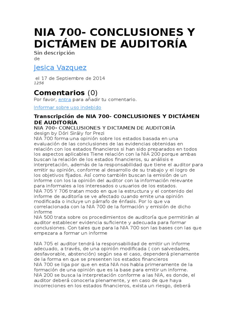 Nia 700 | PDF | Auditoría financiera | Contralor