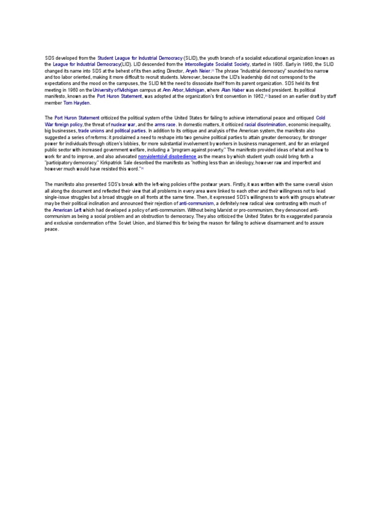 SDS and the Port Huron Statement | PDF | Political Movements | History ...