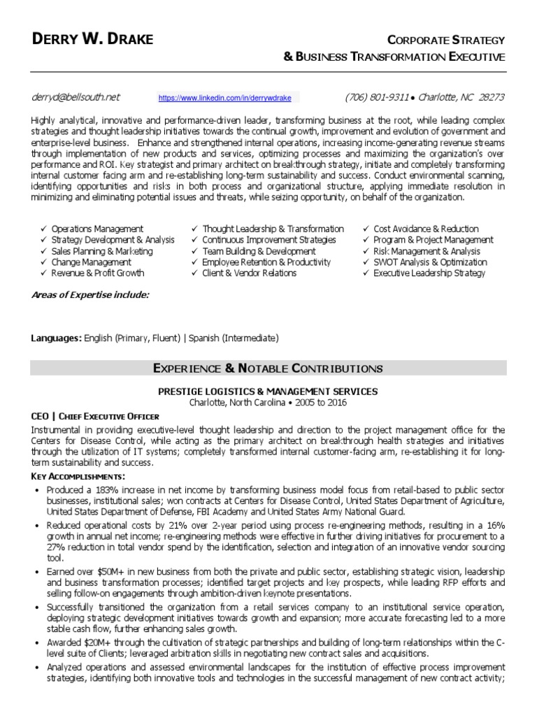 VP Corporate Strategy Business Transformation in Charlotte NC Resume ...