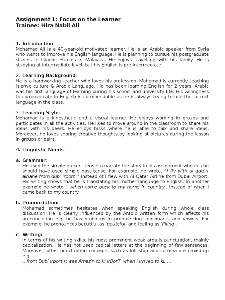 Assignment 1-Celta Focus On Learner | PDF