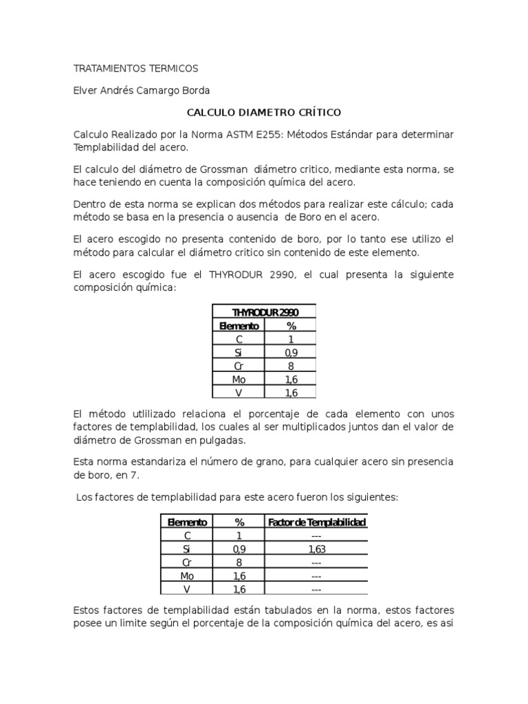 Cálculo de Diámetro Crítico ASTM E255 | PDF | Acero | Elementos químicos