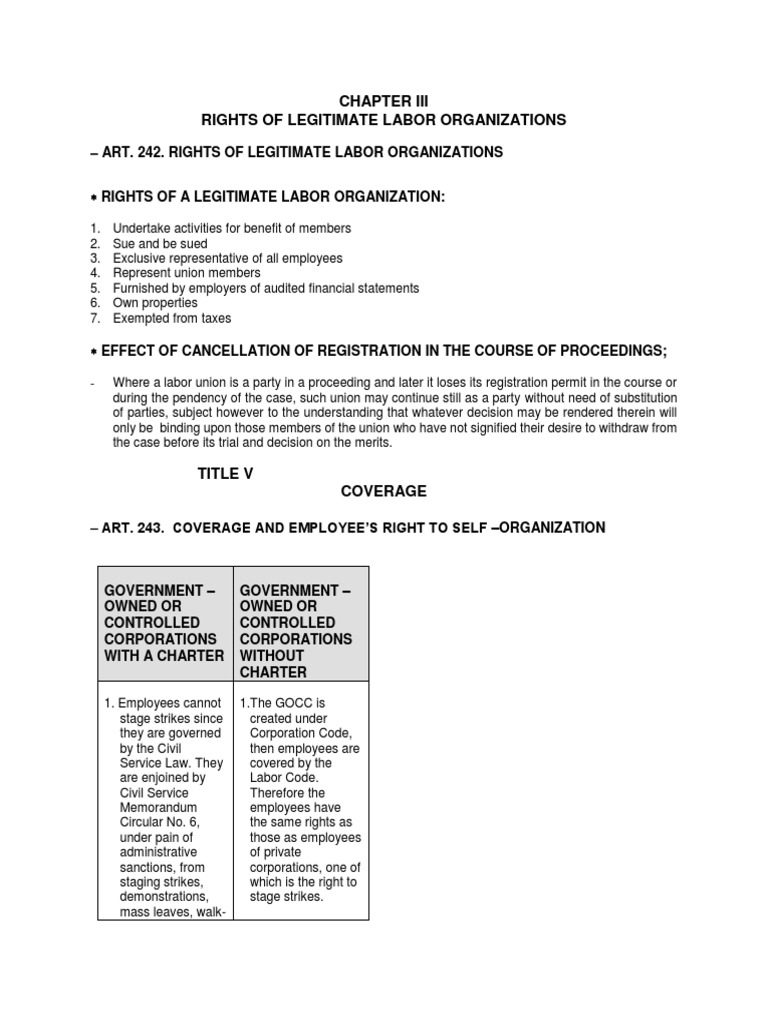 Chapter III. Rights of Legitimate Labor | PDF | Trade Union ...