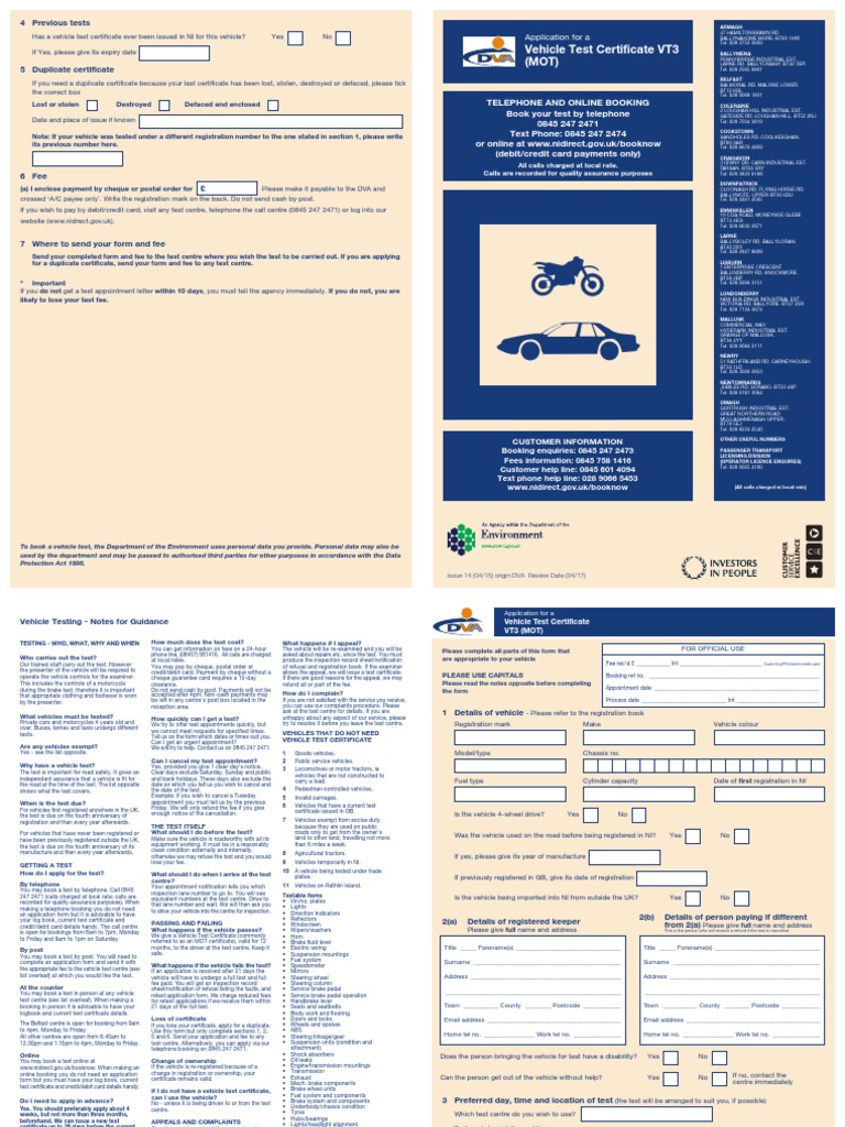 Application For A Vehicle Test Certificate Vt3 Mot | PDF | Vehicles ...