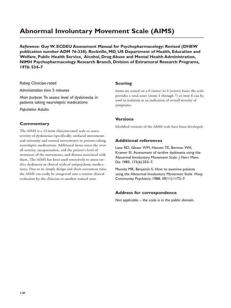 AIMS Test Abnormal Involuntary Movement Test PDF | PDF | Antipsychotic ...