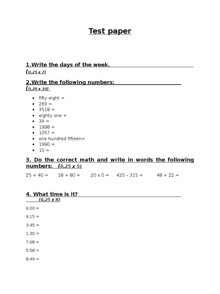 Test - Days of The Week, Numbers | PDF | Teaching Methods & Materials