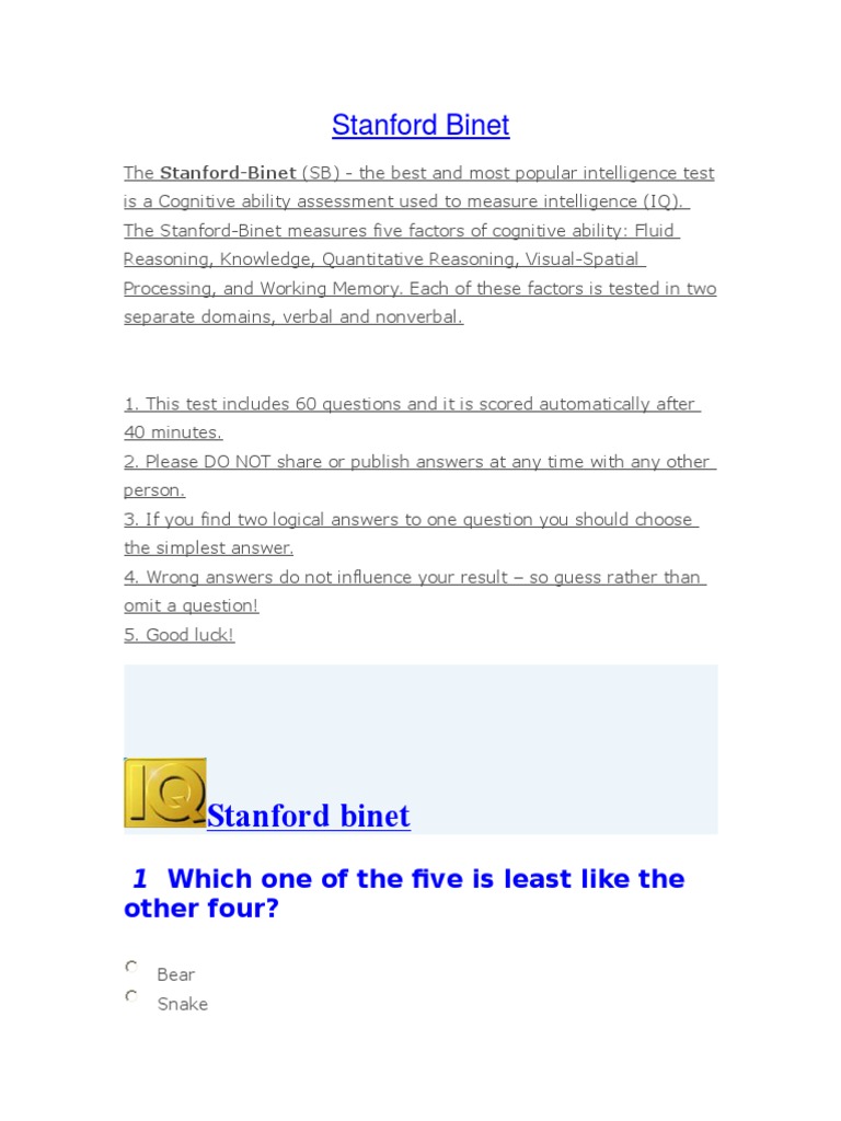 Stanford-Binet Test Sample Questions | PDF