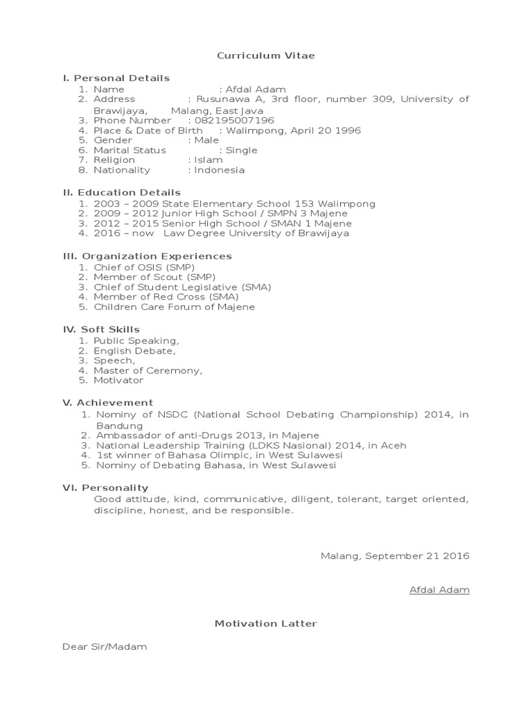 CV and Motivation Letter by AFDAL ADAM-FHUB-2016 | PDF | Behavior Modification | Learning