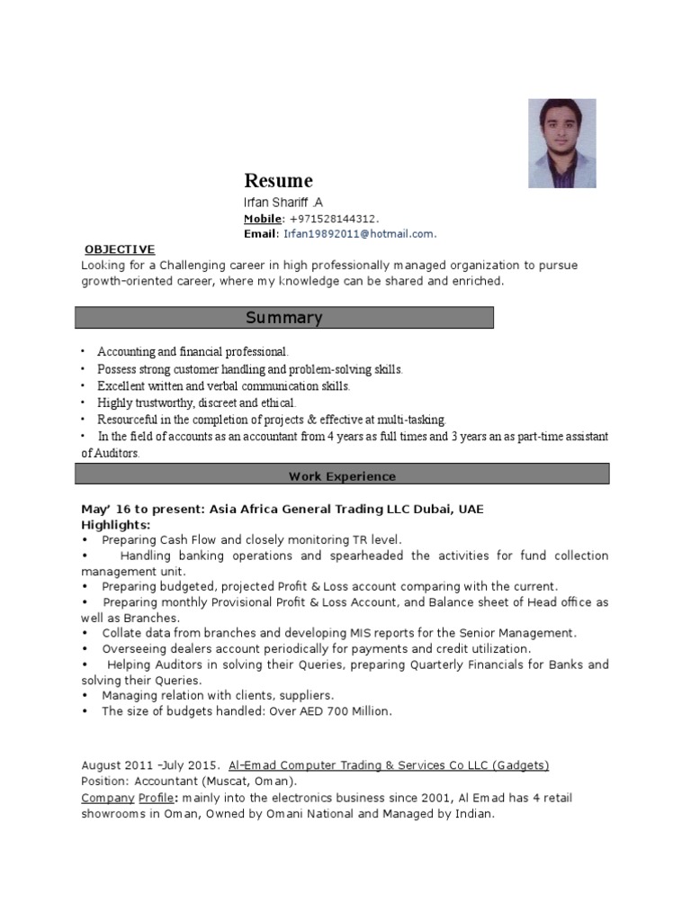 Irfan Shariff: Accounting Professional Resume | PDF | Invoice | Banks