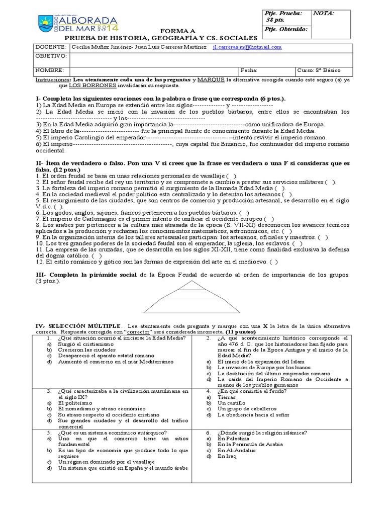 Prueba Sobre La Edad Media 8° Básico. | Baja Edad Media | Feudalismo