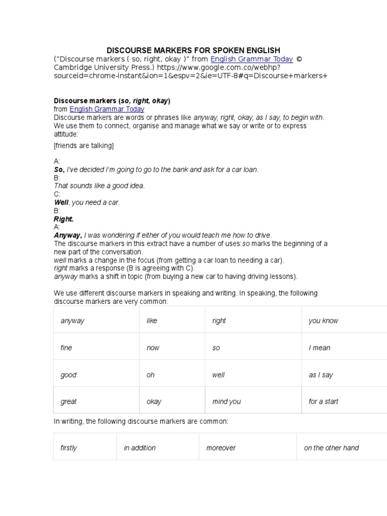 Discourse Markers For Spoken English | PDF | Discourse | English Language