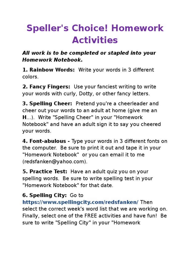 Spllers Choice Spelling Word Homework Activities | PDF