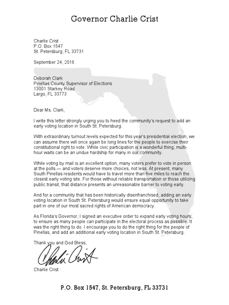 Gov. Charlie Crist Letter To Pinellas SOE Deborah Clark | PDF