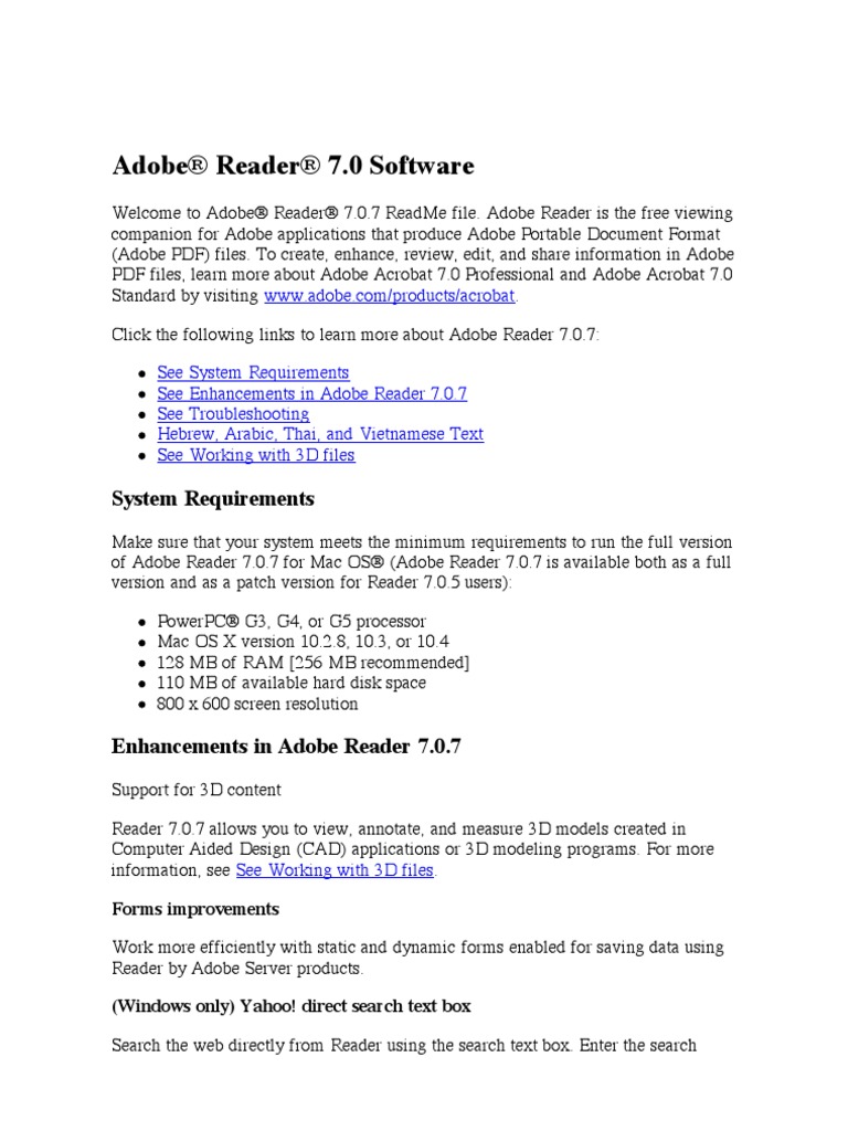 Adobe® Reader® 7.0 Software: System Requirements | PDF | 3 D Computer ...
