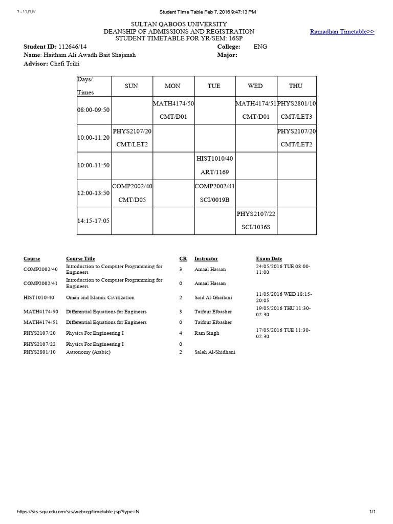 Time Table SP16 | PDF | Nature