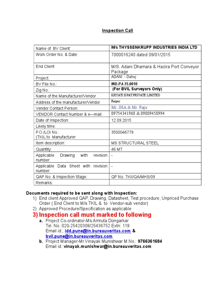 Inspection Call FORMAT | PDF | Computers