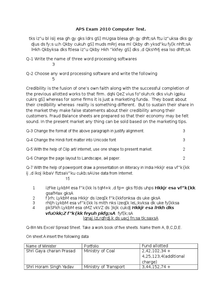 Aps Exam 2010 Computer Test.: Vfuokk Z F"K (KK Feyuh PKFG Sa Fyf (K Sa ...