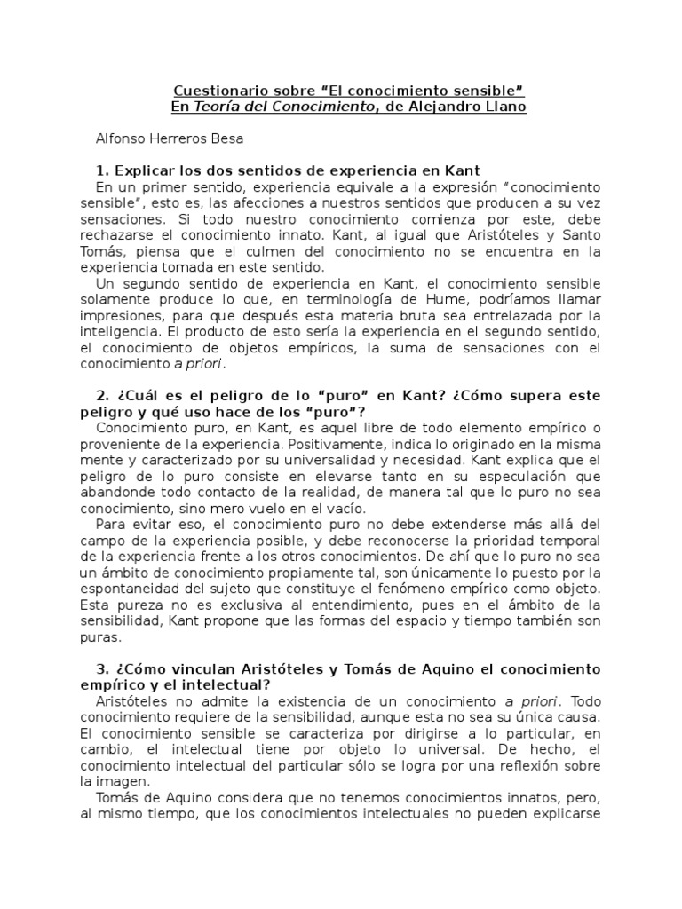 Cuestionario Sobre El Conocimiento Sensible | PDF | Immanuel Kant ...