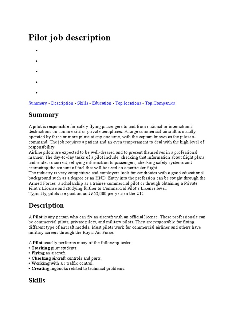 Pilot Job Description | PDF | Pilot (Aeronautics) | Air Traffic Control