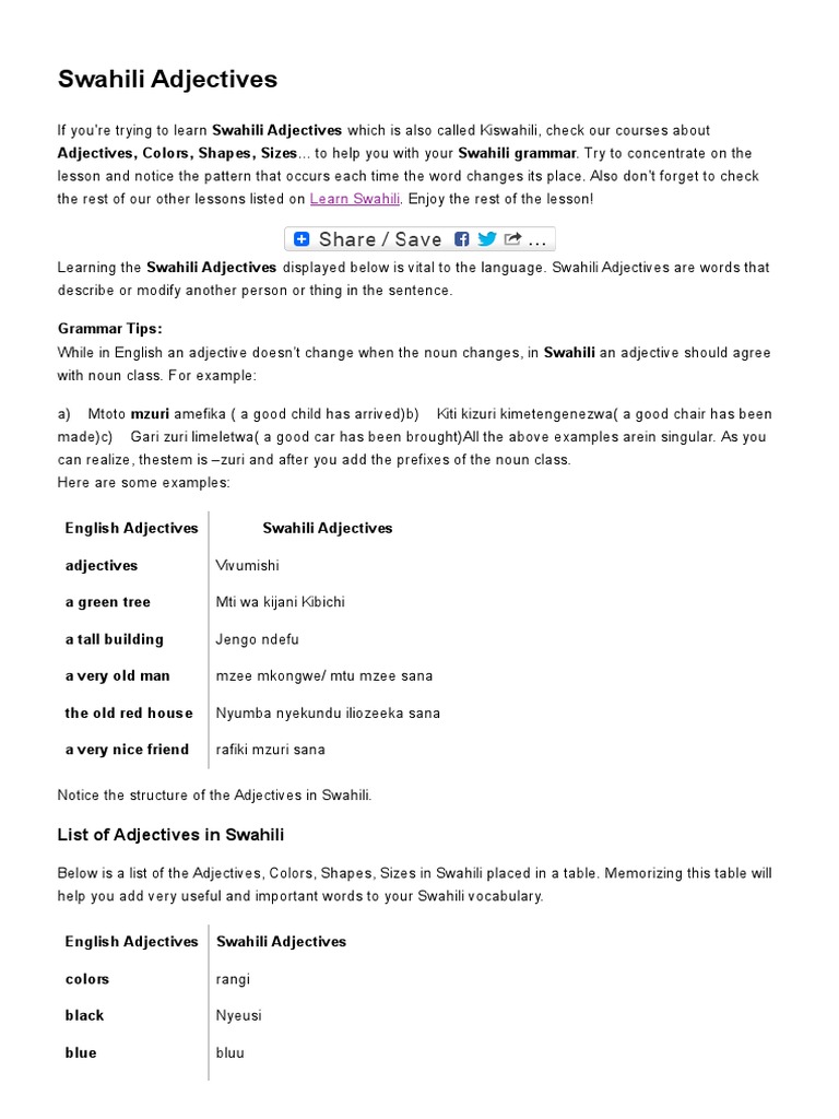 Swahili Adjectives | PDF | Swahili Language | Adjective