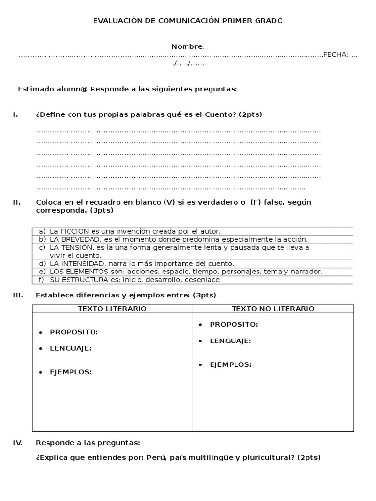 Evaluación De Comunicación Primer Grado Pdf