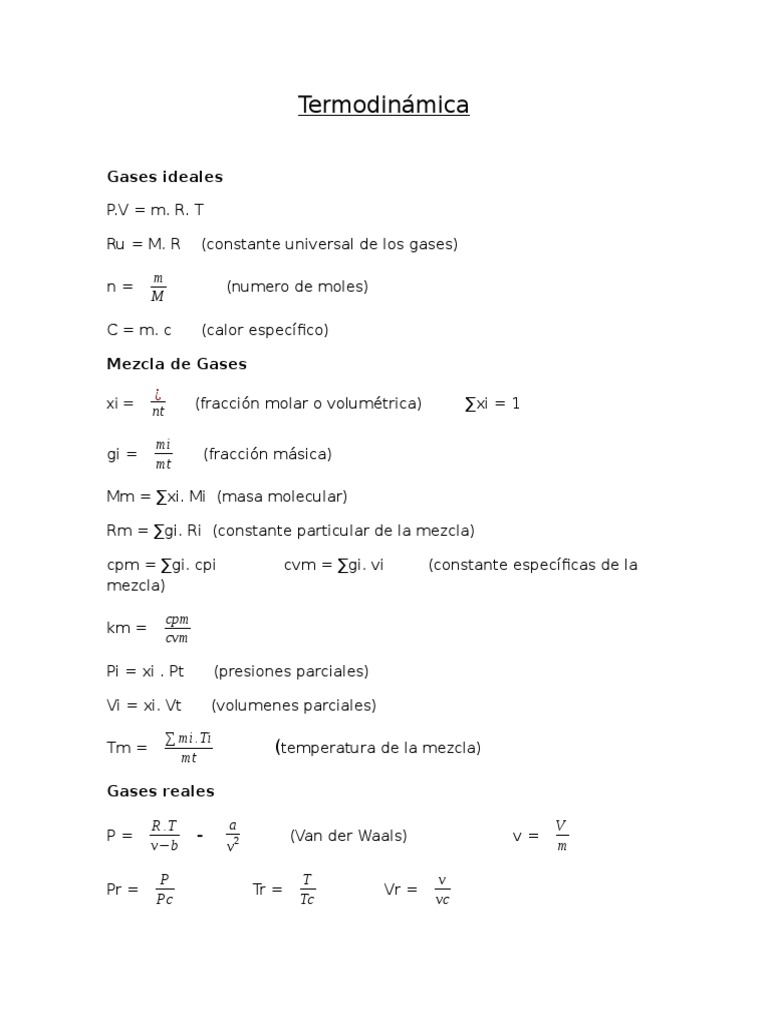 Formulas Termo | PDF | Gases | Ramas de la termodinámica