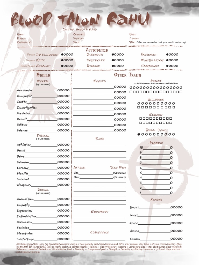 Werewolf The Forsaken Character Sheet Pad (9939730) PDF | PDF | Dream ...