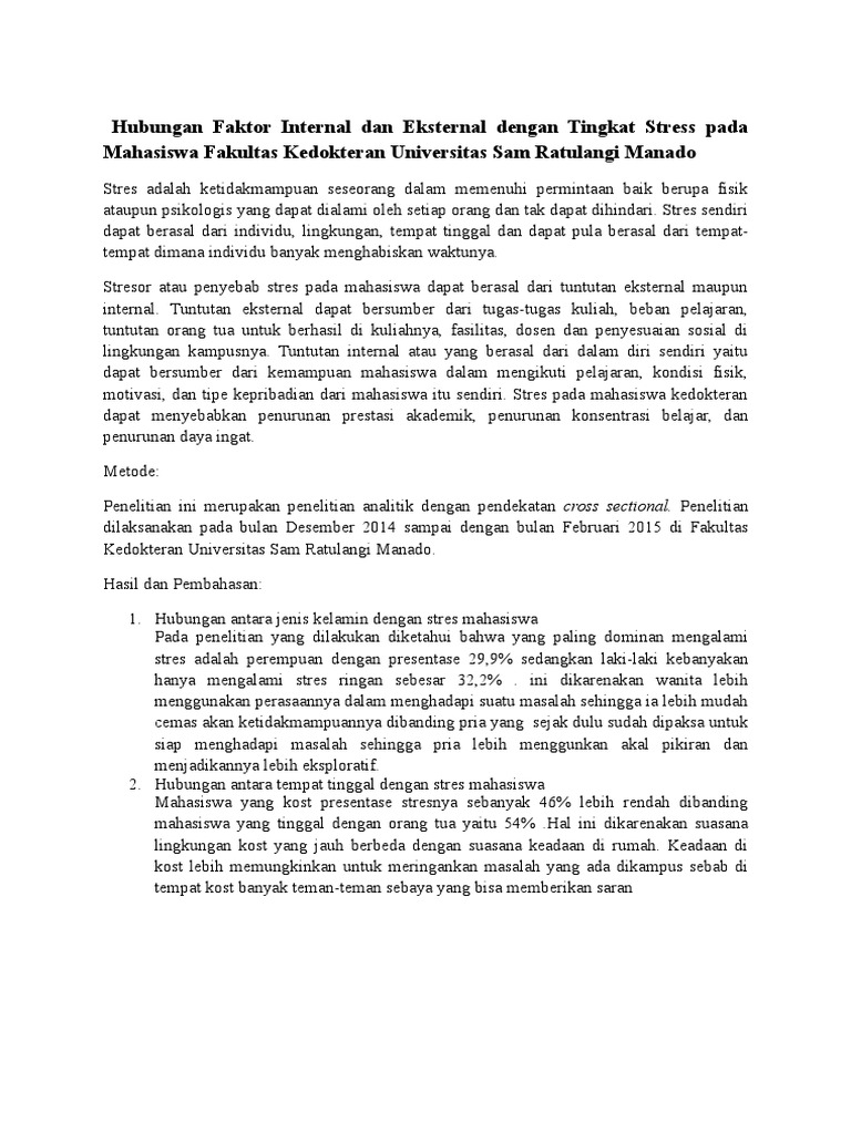 Hubungan Faktor Internal Dan Eksternal Dengan Tingkat Stress Pada Mahasiswa Fakultas Kedokteran ...