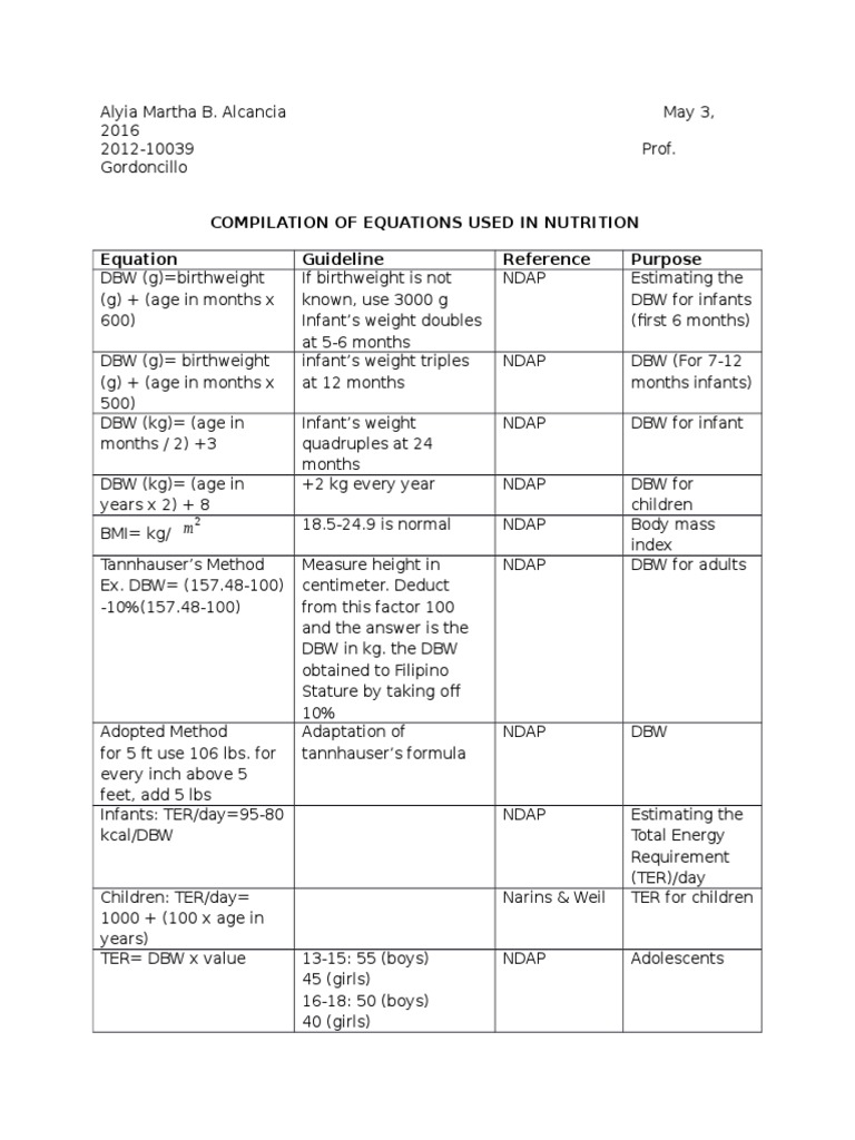 Dietary Equations | PDF | Body Mass Index | Obesity