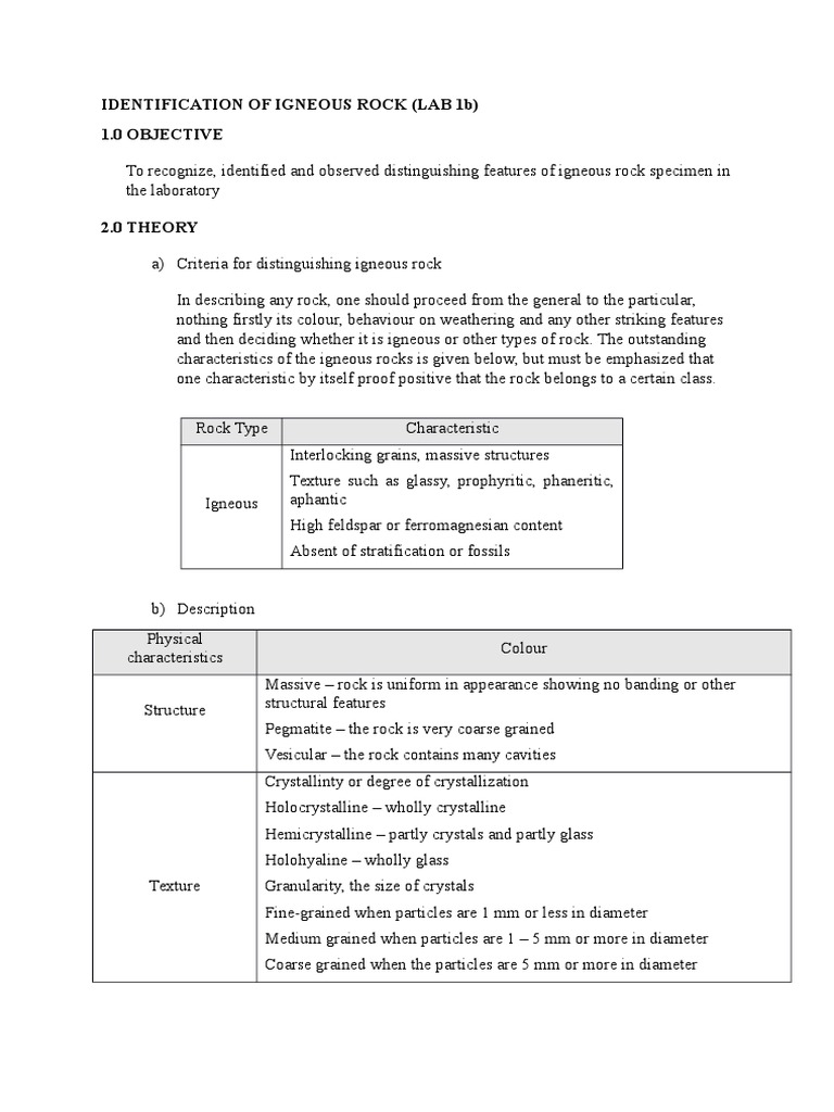 Identification of Igneous Rock (Lab 1B) 1.0 Objective | PDF | Igneous ...