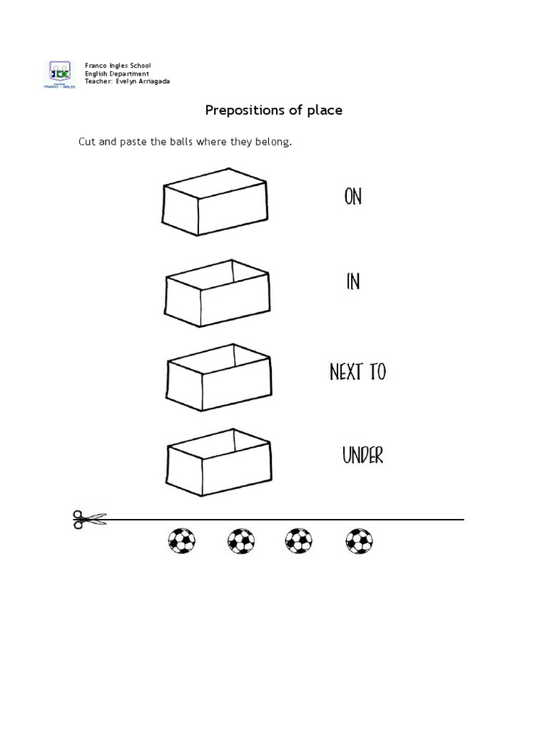 Prepositions of Place: Cut and Paste The Balls Where They Belong | PDF