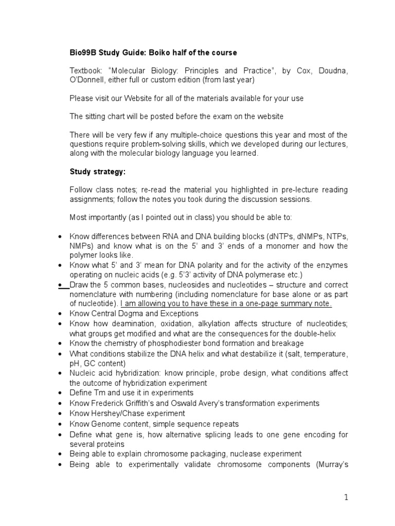 Molecular Biology Exam Study Guide | PDF | Dna Replication | Dna Repair