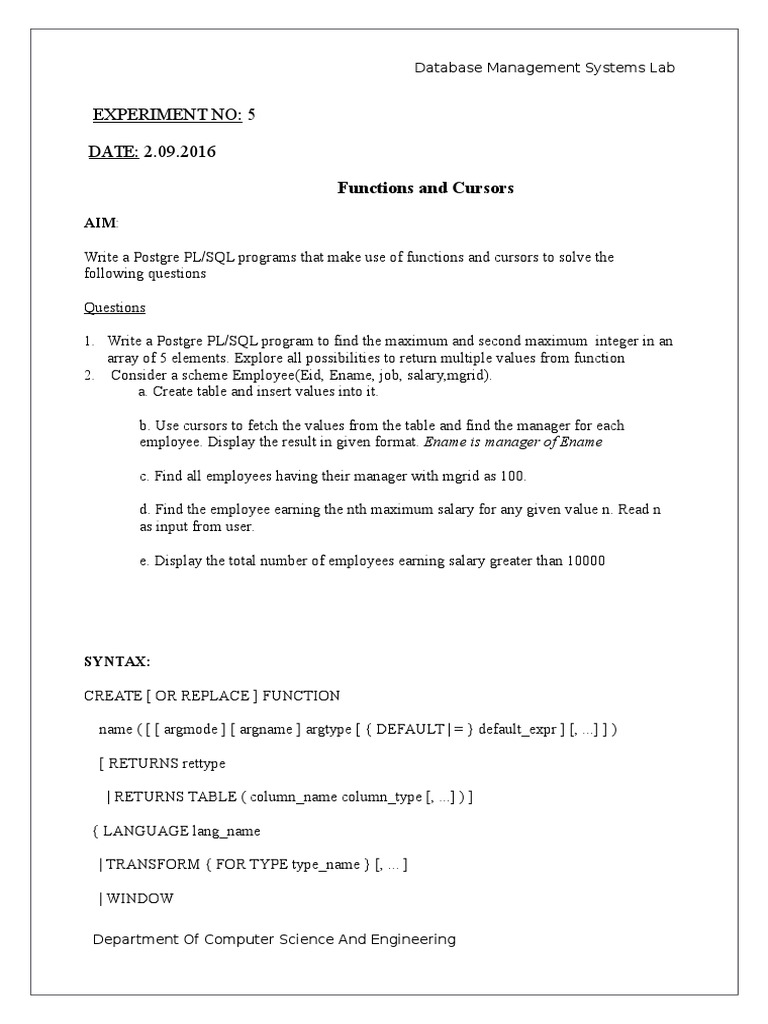 Experiment No: 5 DATE: 2.09.2016 Functions and Cursors: Database Management Systems Lab | PDF ...