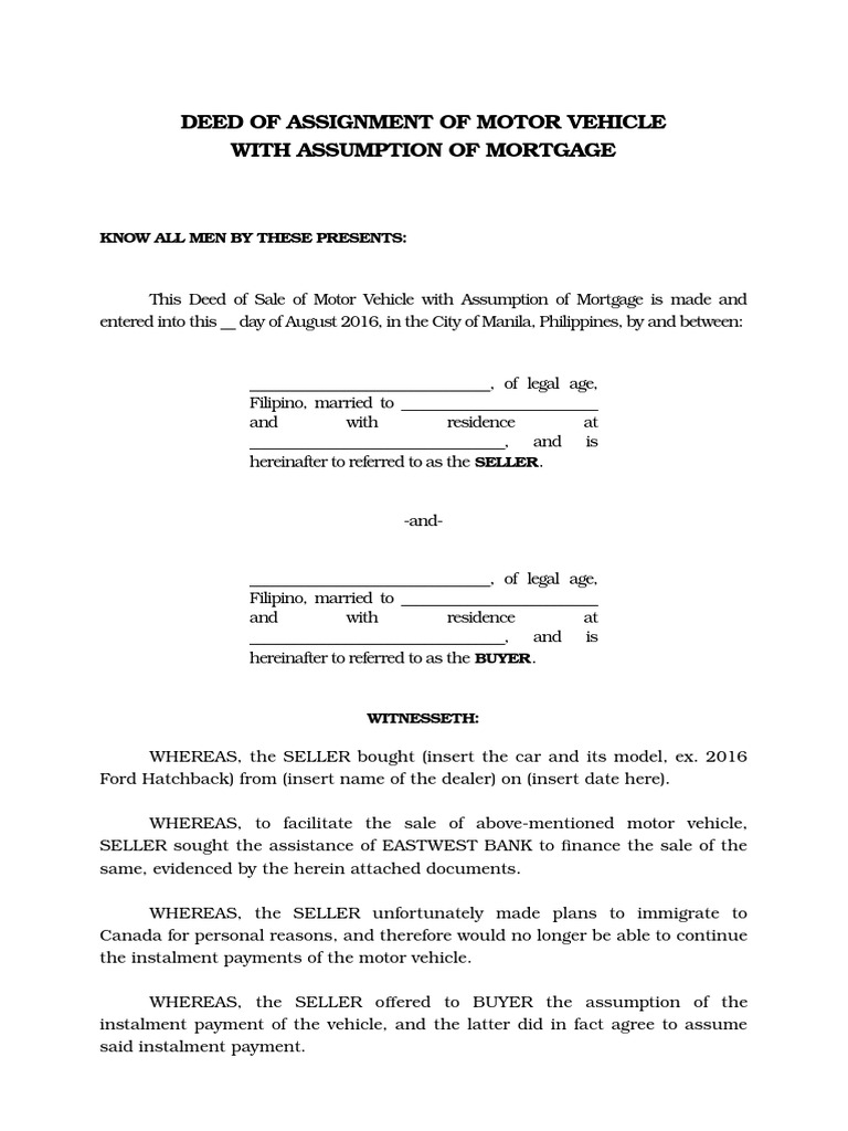 Car Assignment with Mortgage Assumption | PDF