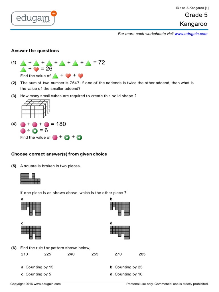 Grade 5 Canadian Math Kangaroo Contest Sample Paper | PDF | Teaching ...
