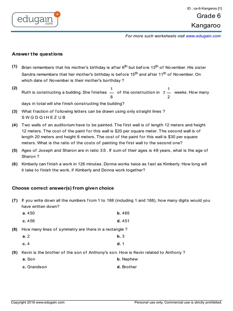Grade 6 Canadian Math Kangaroo Contest Sample Paper | PDF | Image ...