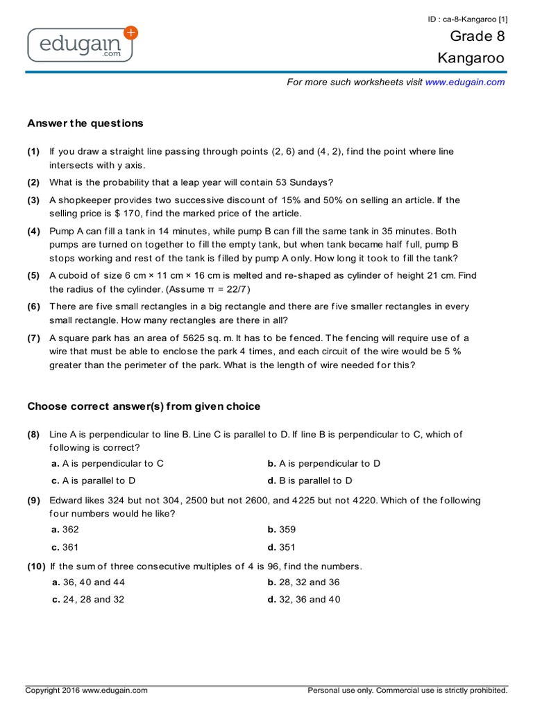 Grade 8 Canadian Math Kangaroo Contest Sample Paper | PDF | Volume ...