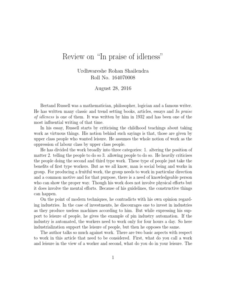 Review On in Praise of Idleness | PDF | Slavery | Leisure