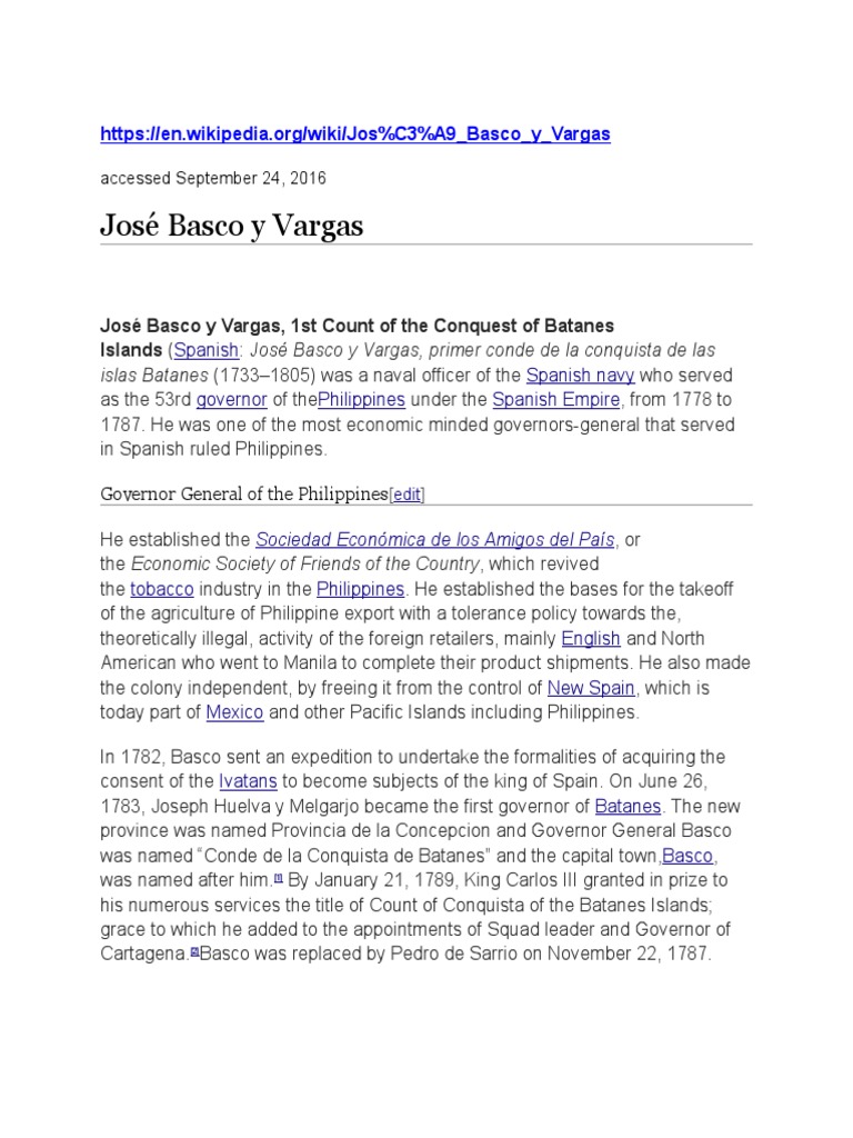 Governor General Jose Basco y Vargas: Establishing Economic Reforms and ...